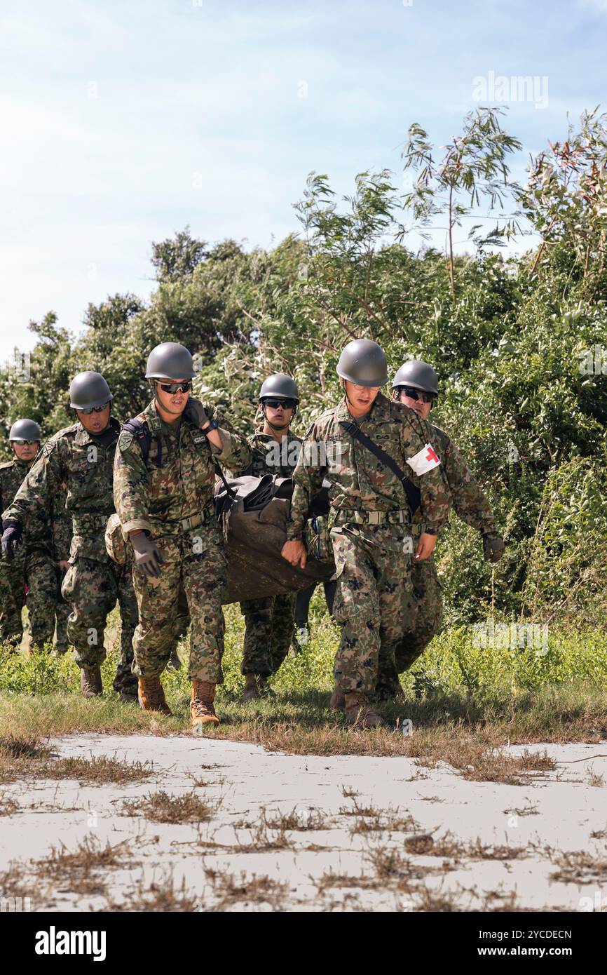 Service members of the Japanese Ground Self-Defense Force, carry a ...