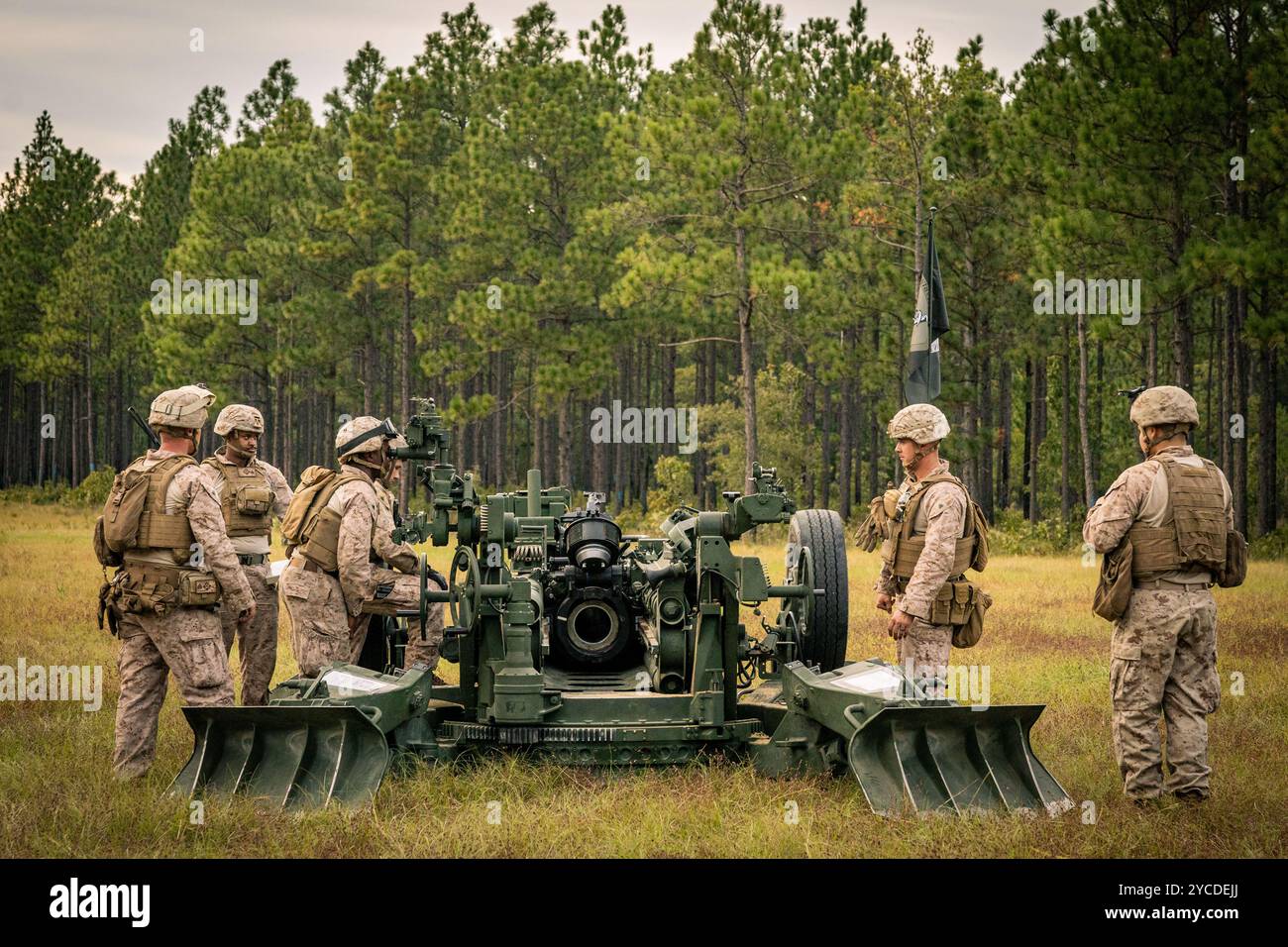 U.S. Marines with 2d Battalion, 10th Marine Regiment, 2d Marine Division practice setting up an ...