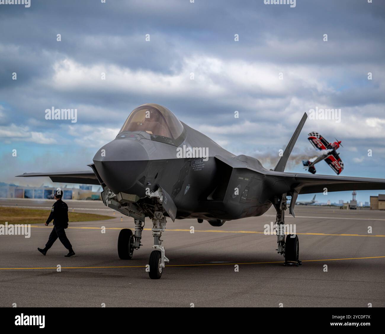 A USAF F-35A Lightning II jet is inspected before a performance by the ...