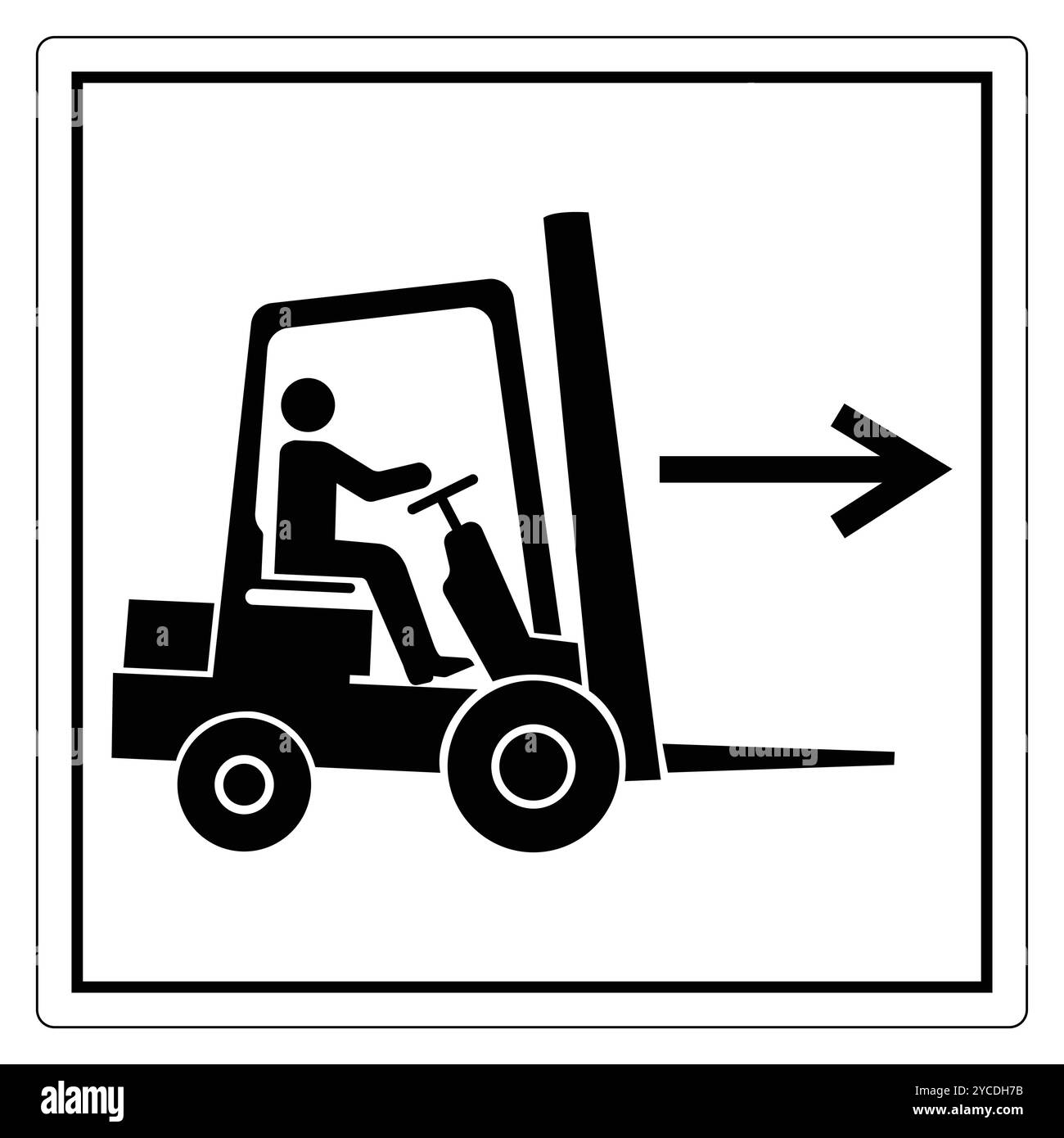 This black and white icon illustrates a forklift operator with a ...