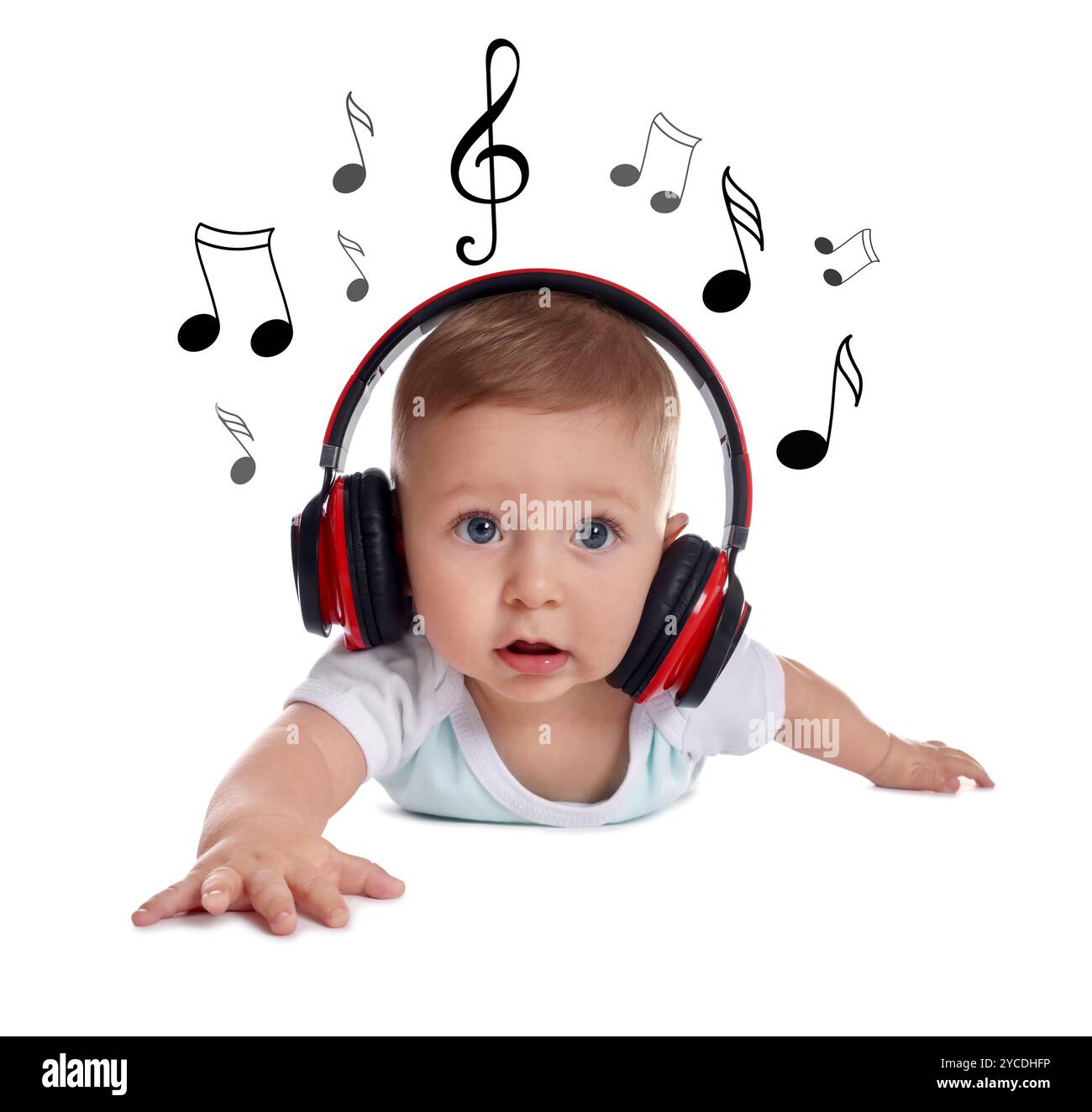 Cute little baby with headphones on white background. Music notes ...