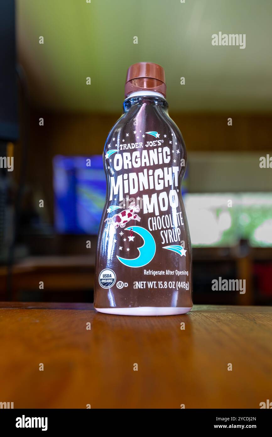 Trader Joe's Midnight Moo chocolate sauce bottle Stock Photo - Alamy