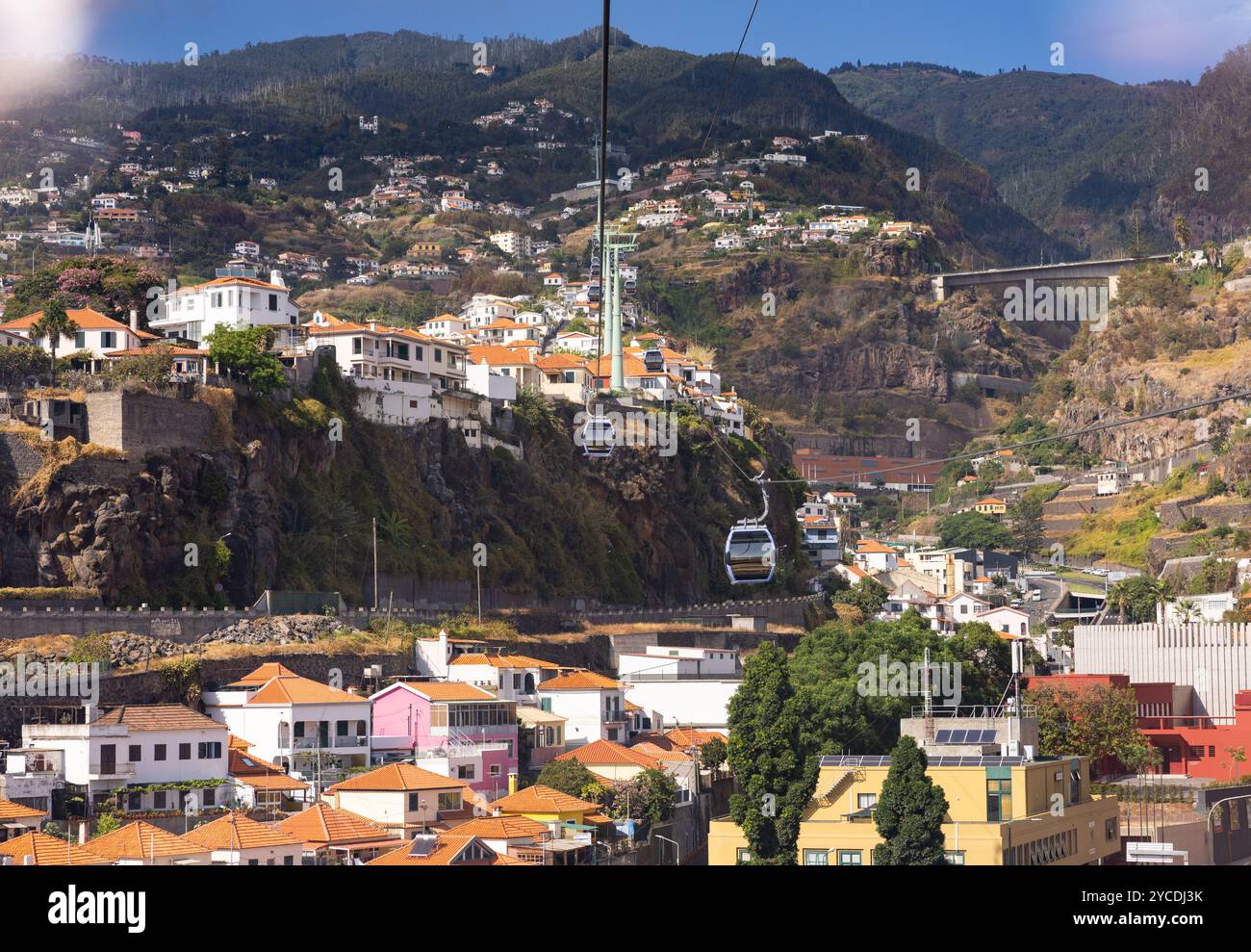 Cable car with cabins above cityscape of Funchal and Monte with the ...