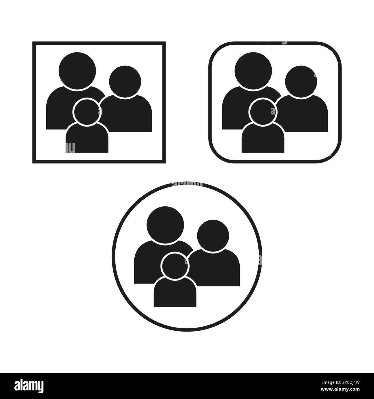 Family icon set. Black silhouette symbols. Rounded frame designs ...