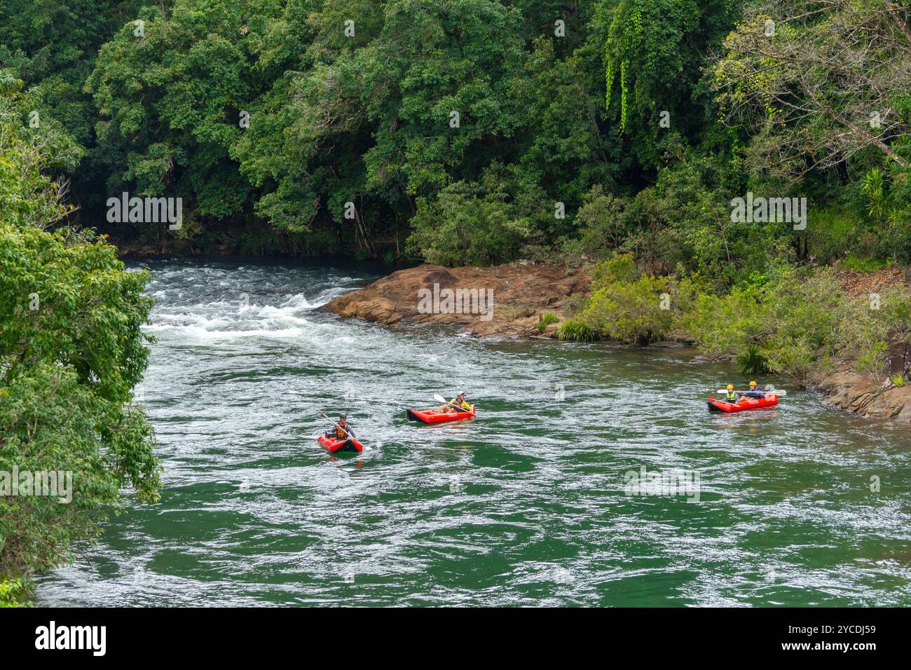 Red inflatable rafts on Tully River, Tully Gorge North Queensland Stock ...