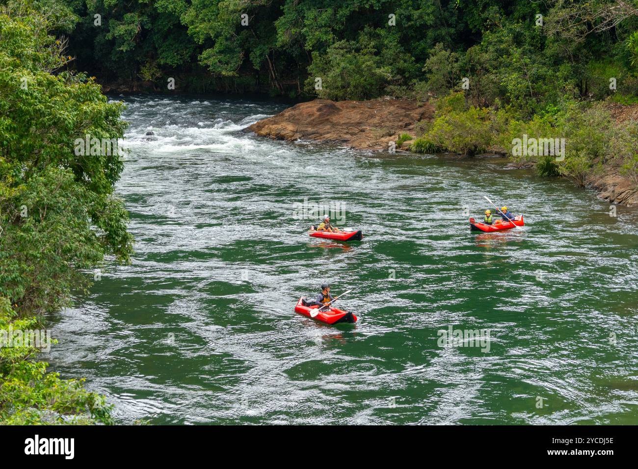 Red inflatable rafts on Tully River, Tully Gorge North Queensland Stock ...