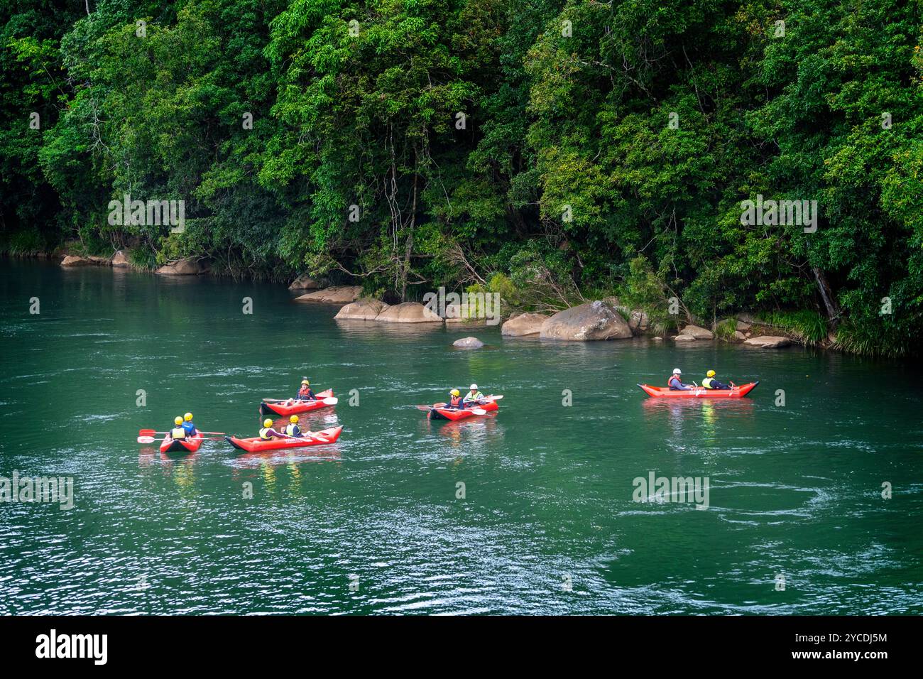 Red inflatable rafts on Tully River, Tully Gorge North Queensland Stock ...