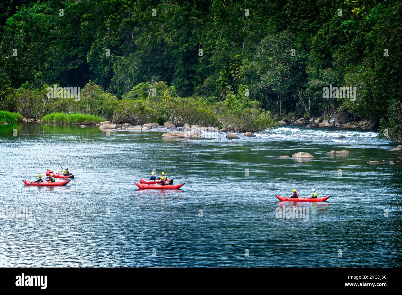 Red inflatable rafts on Tully River, Tully Gorge North Queensland Stock ...