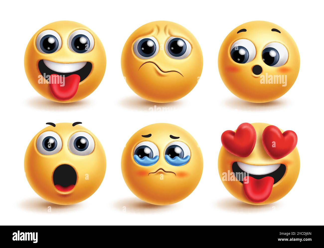 Emoji emoticon characters vector set. Emoticon cute face in happy, silly, sad, shy, shocked ...