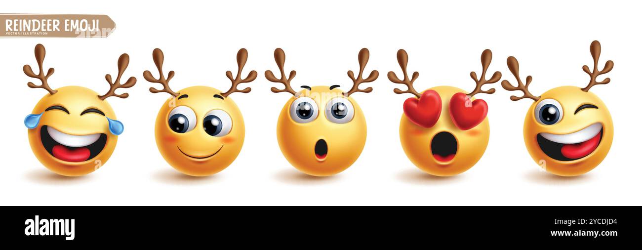 Reindeer emoji character vector set. Emoticon reindeer 3d character in ...