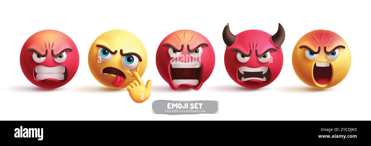 Emoji demon characters vector set. Emojis emoticon character icon collection in evil, annoyed ...
