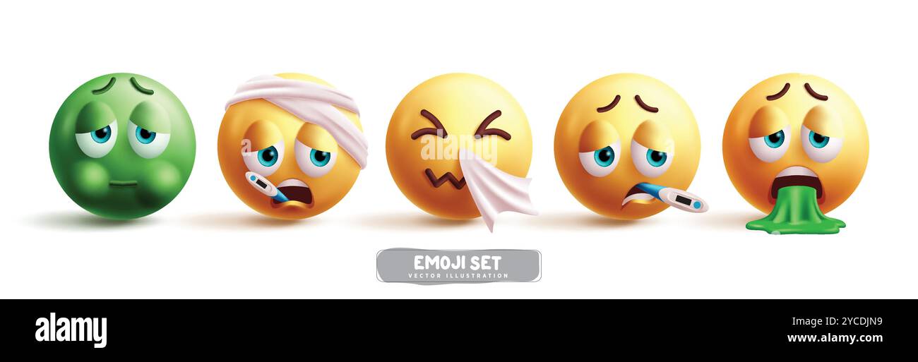 Emoji sick characters vector set. Emojis illness emoticon facial ...