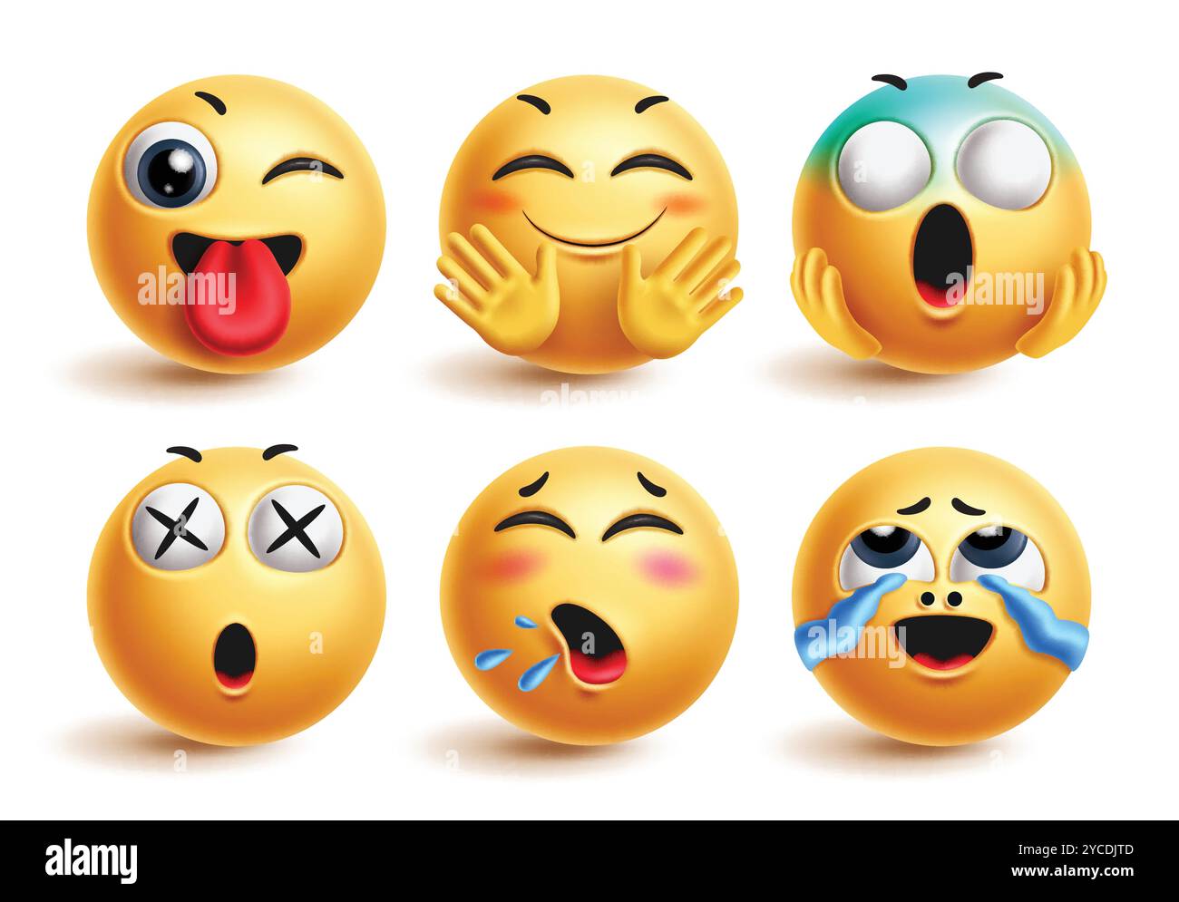 Emoji cute emoticon characters vector set. Emojis 3d yellow icon in ...