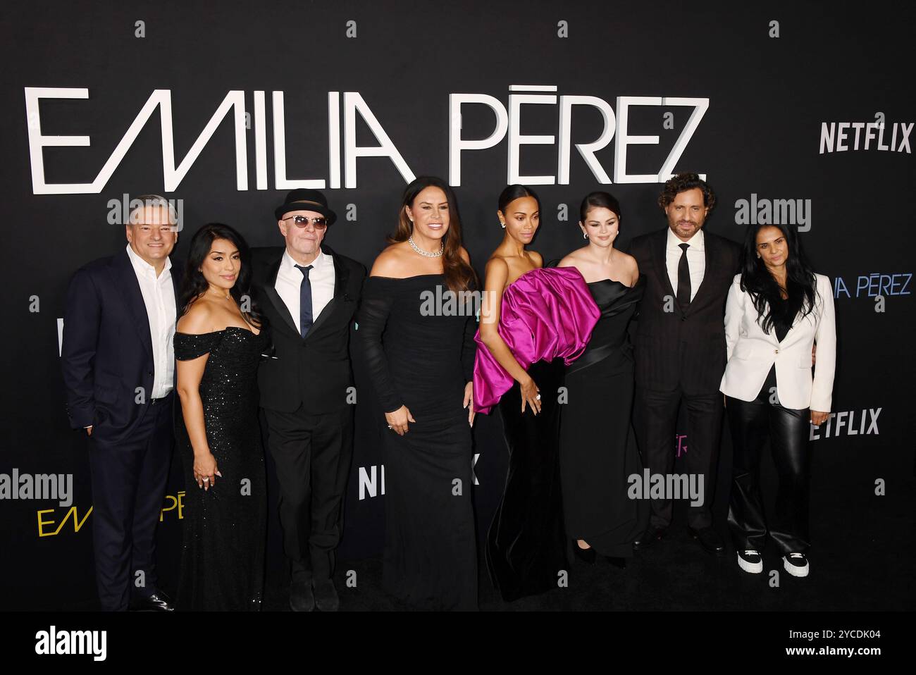 LOS ANGELES, CALIFORNIA - OCTOBER 21: (L-R) Ted Sarandos, Co-CEO, Netflix, Adriana Paz, Jacques ...