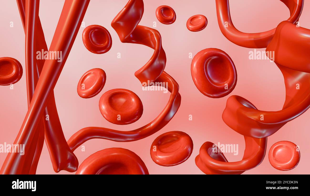 3d rendering of scattered red blood cells or erythrocytes and protein ...