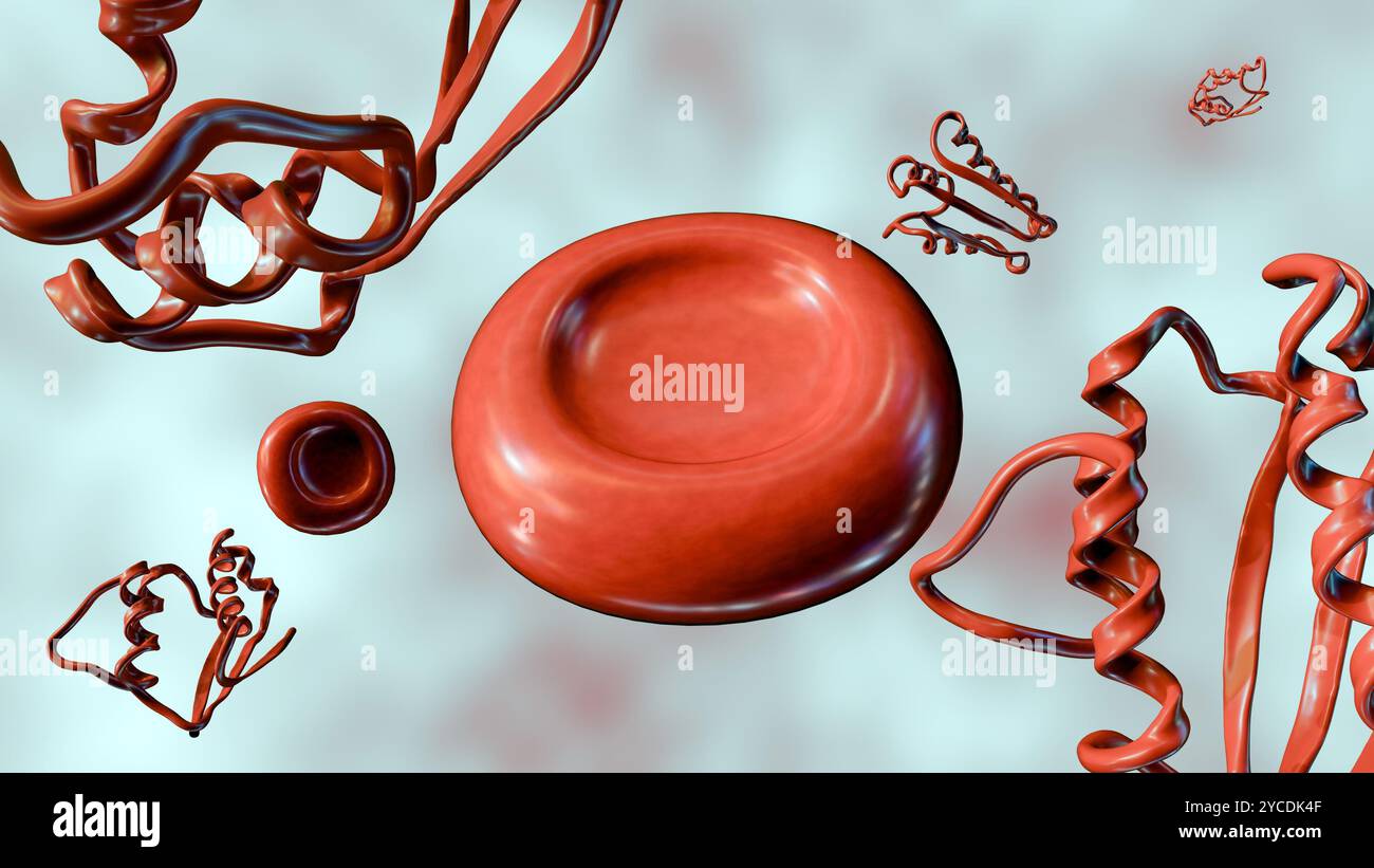 3d rendering of scattered red blood cells or erythrocytes and protein ...