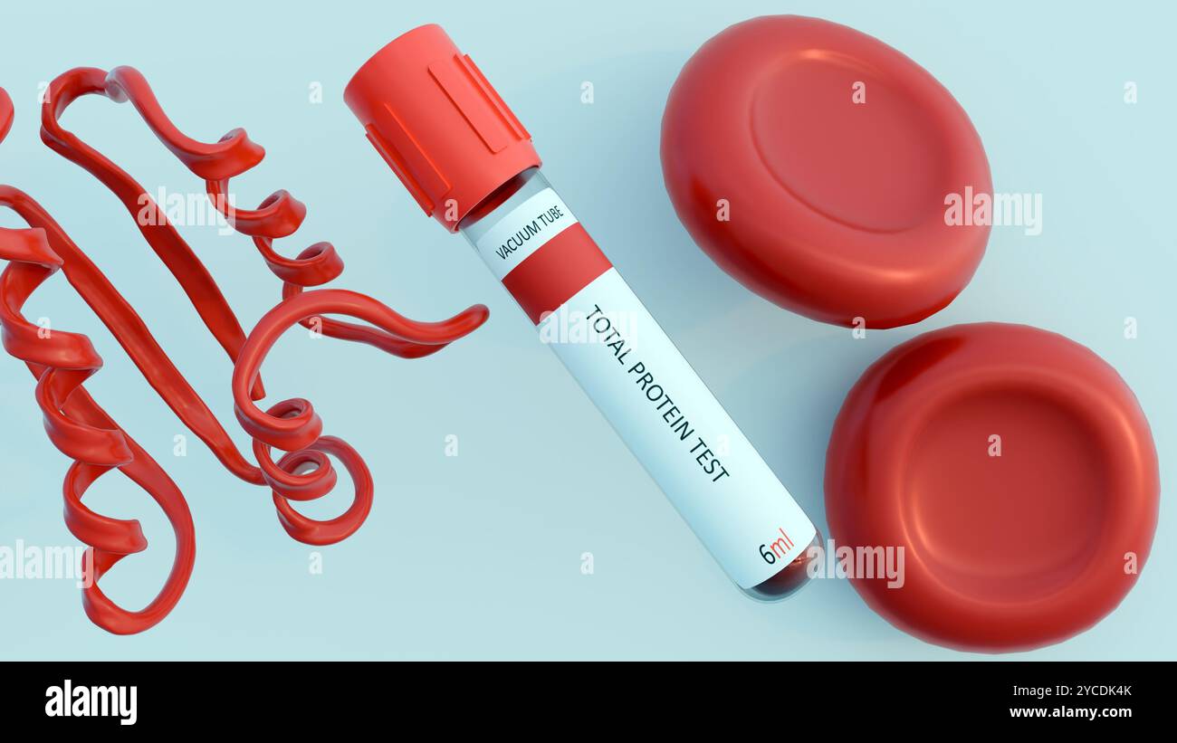 3d rendering of vacuum tube or labeled "TOTAL PROTEIN TEST", red blood ...