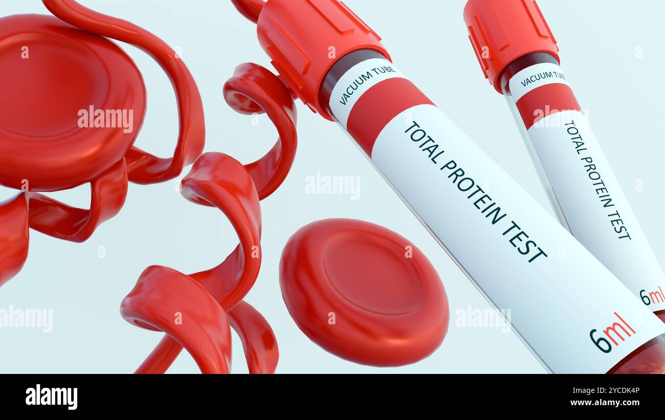 3d rendering of vacuum tube or labeled "TOTAL PROTEIN TEST", red blood ...