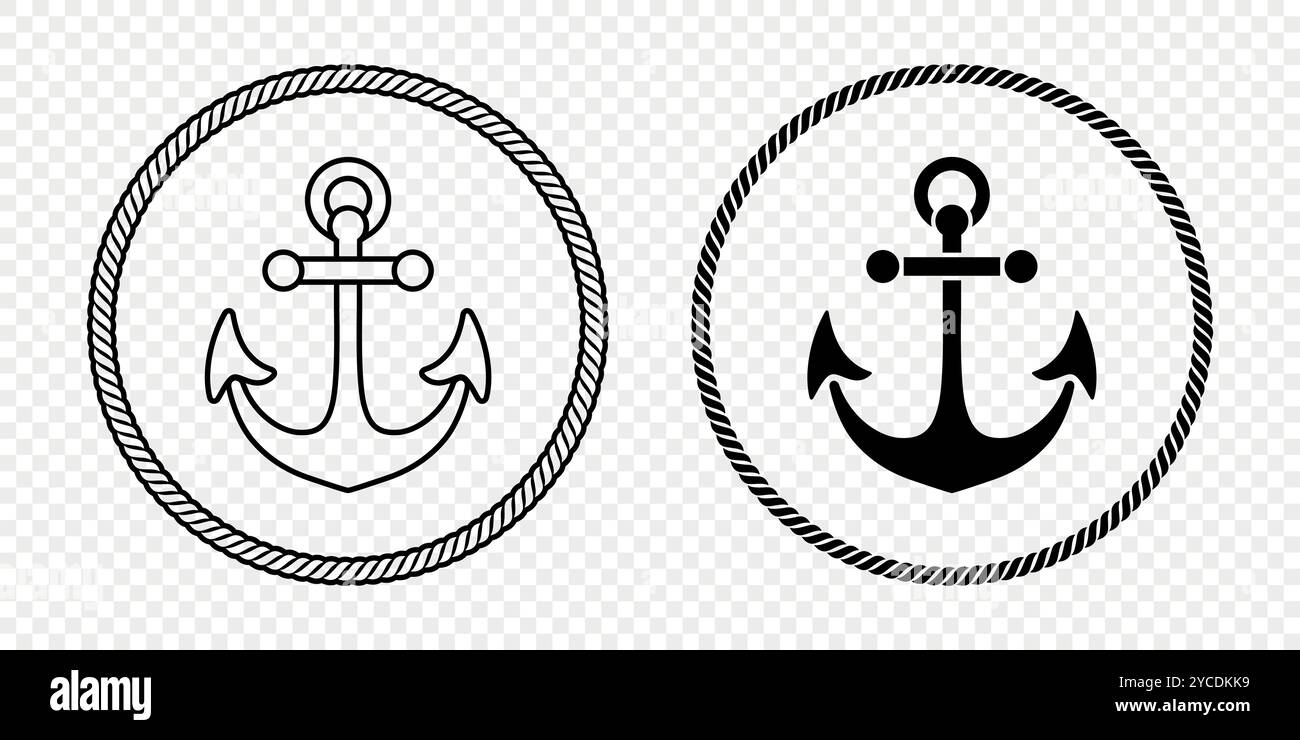 Anchor Icon Set. Flat Monochrome Anchor Shapes in Circular Rope Frame ...