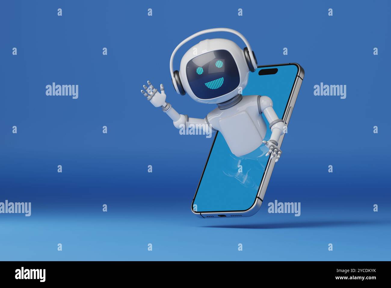 Cute robot coming out of a mobile phone screen with copy space. 3d ...