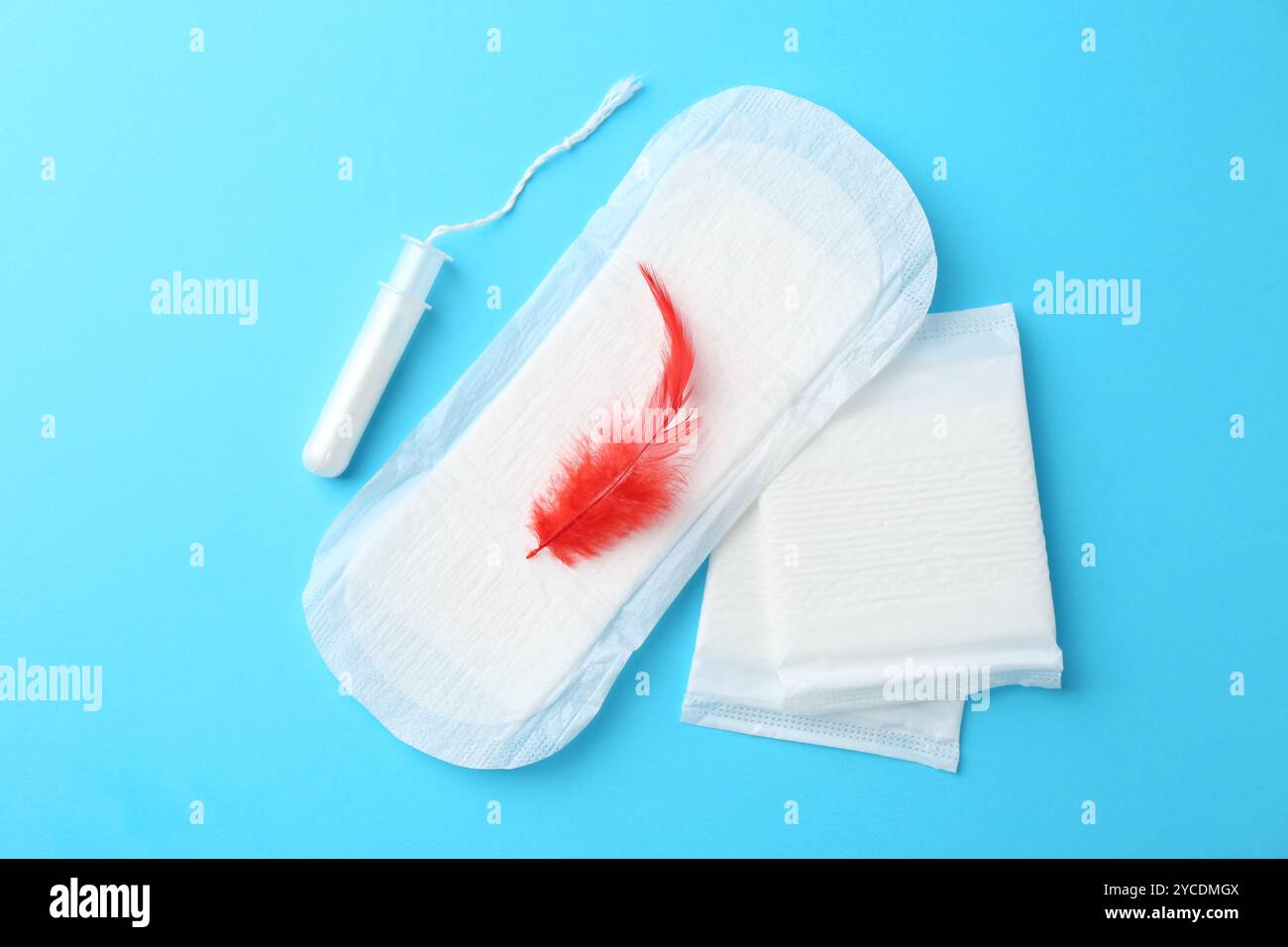 Menstrual pad with red feather and tampon on light blue background, top ...