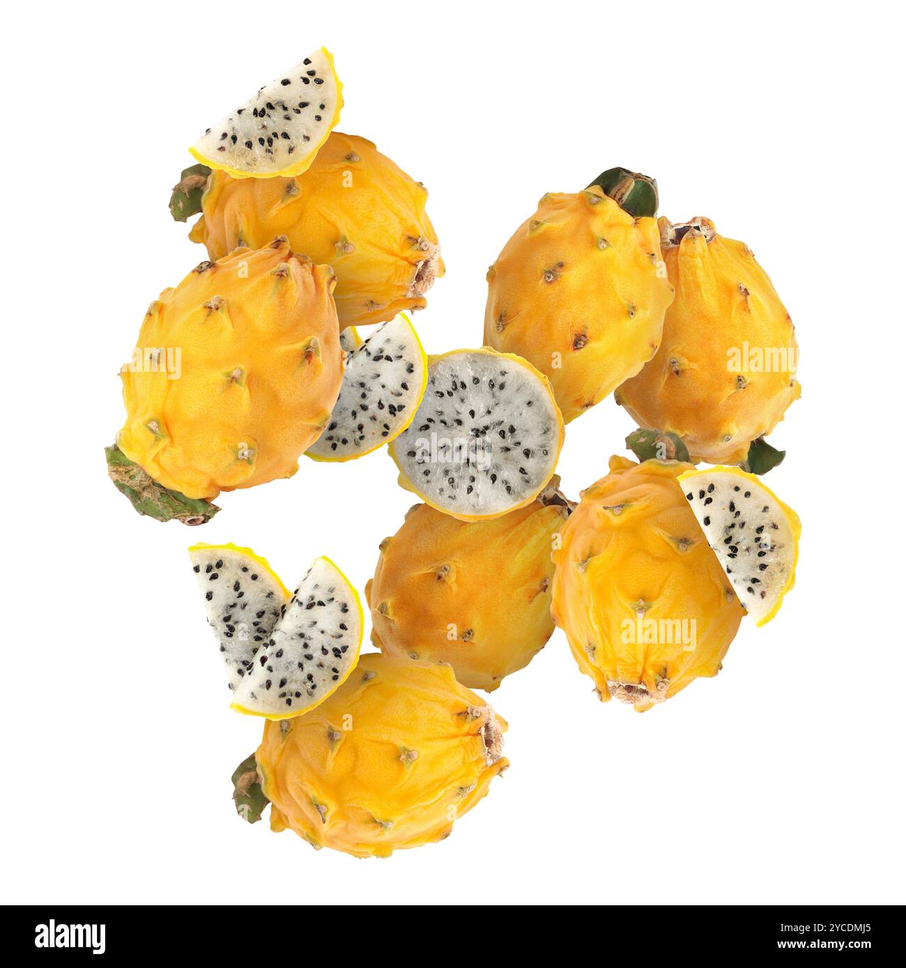 Yummy yellow pitaya fruits in air on white background Stock Photo - Alamy