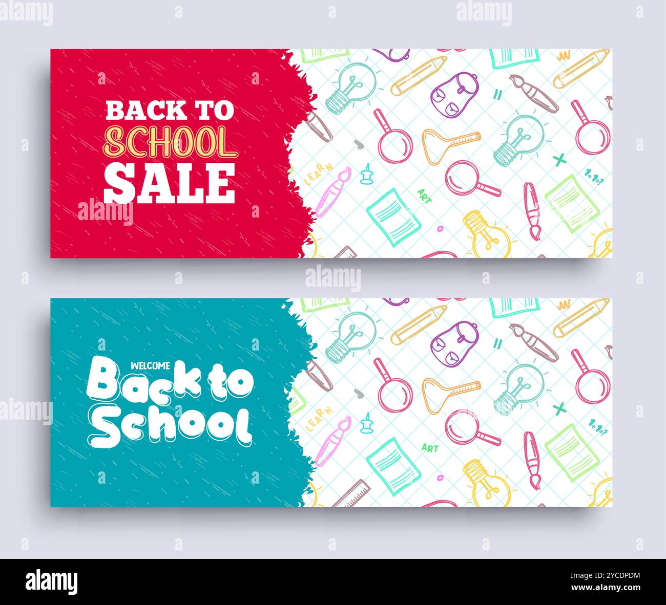 Back to school sale vector banner set. School promotion text in doodle ...