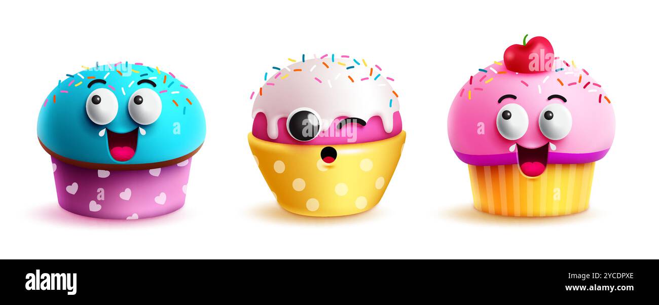 Birthday cupcake vector set design. Cup cake cartoon character with ...