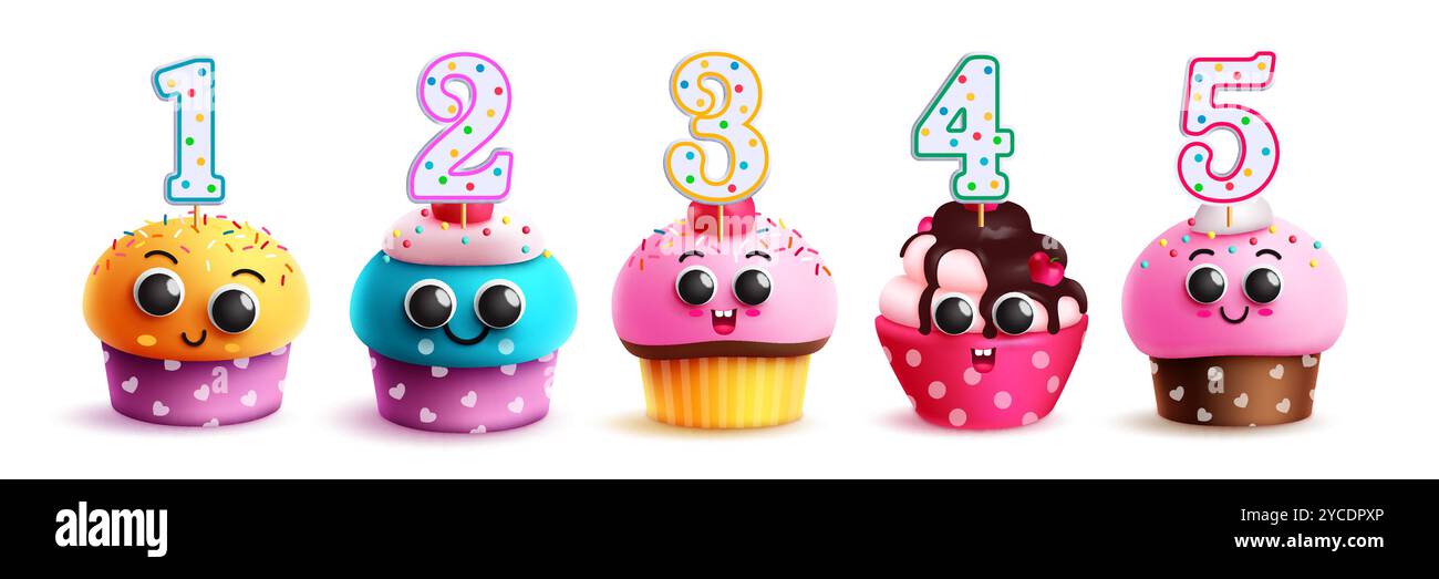 Birthday cupcake set vector design. Birthday cup cake and muffins in ...