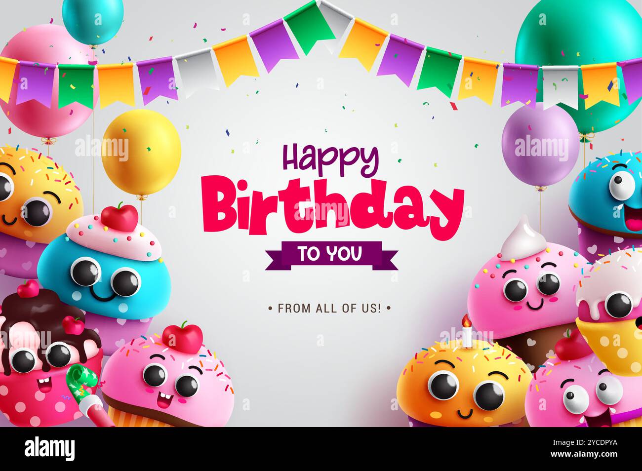 Happy birthday text vector design. Birthday invitation card with cup ...