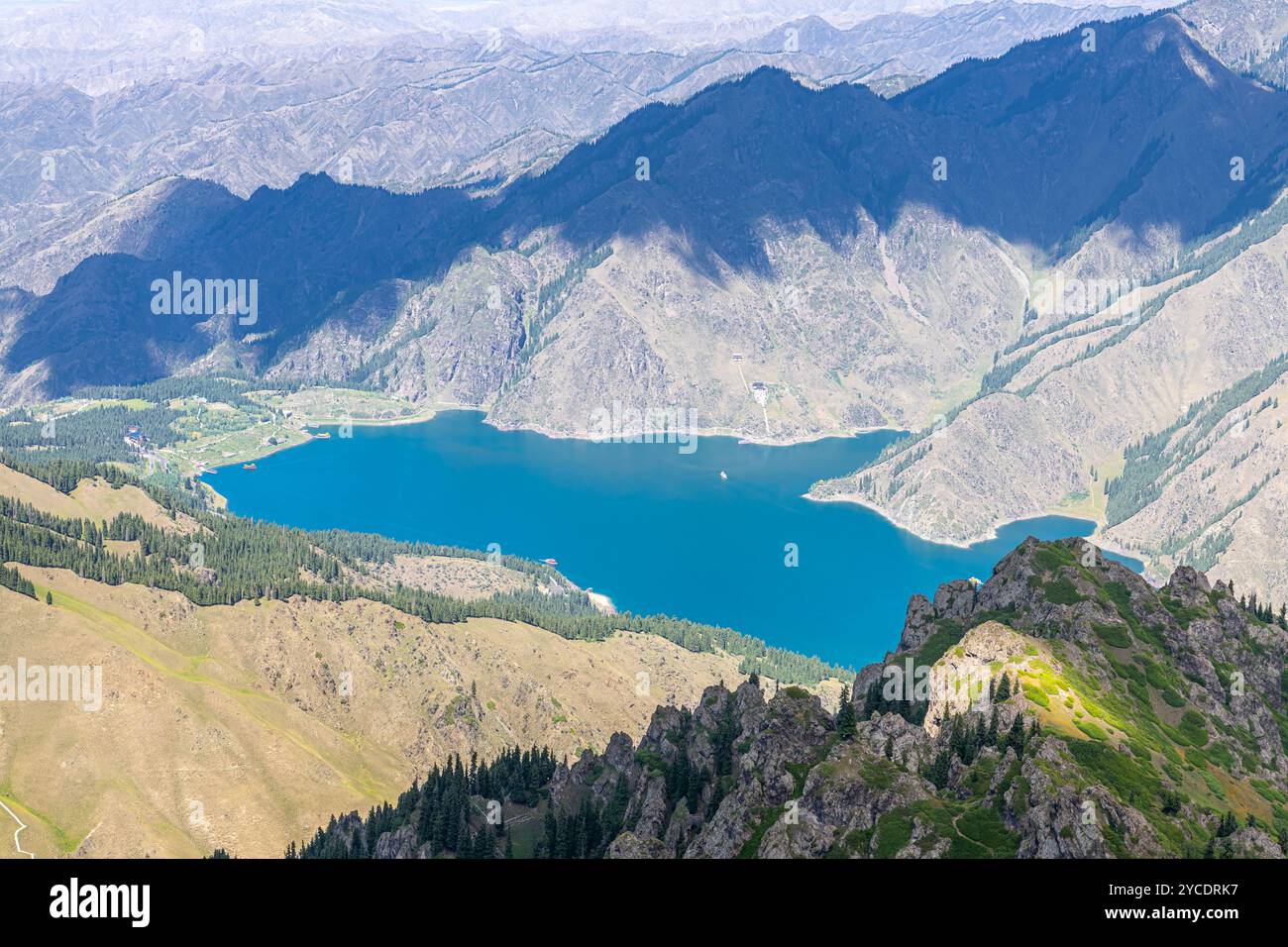 Aerial view of the Heaven Lake, Tianshan Tianchi National Geopark ...