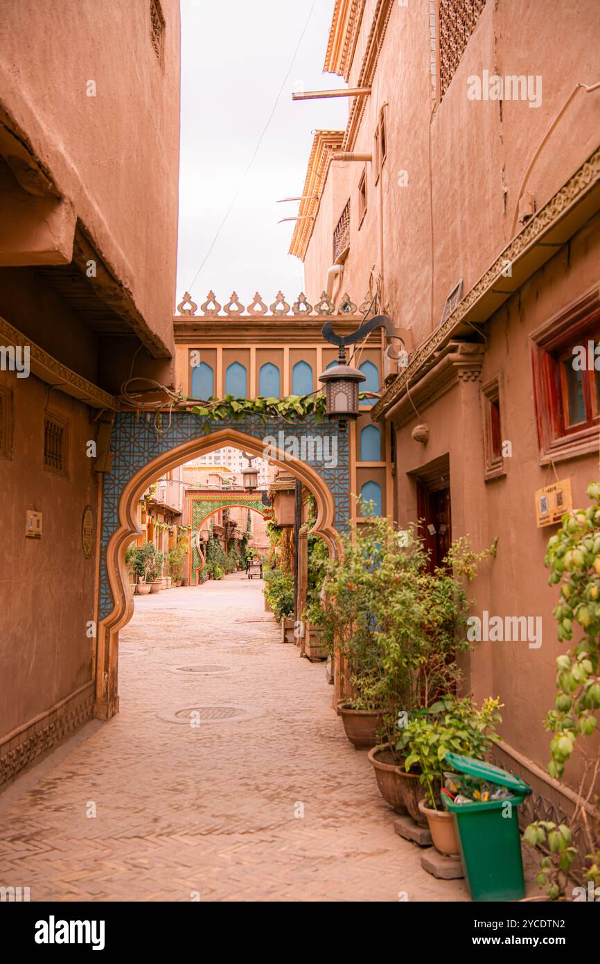 Beautiful street with the traditional for the Silk Road arch and the ...