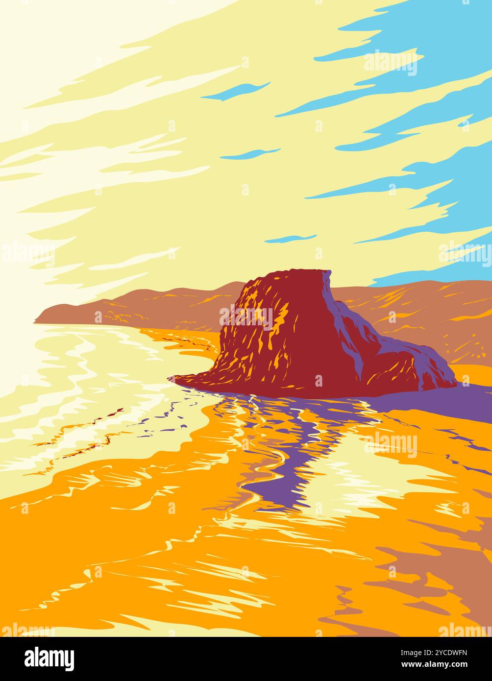 WPA poster art of Lion Rock on Piha Beach in the Waitakere Ranges area ...