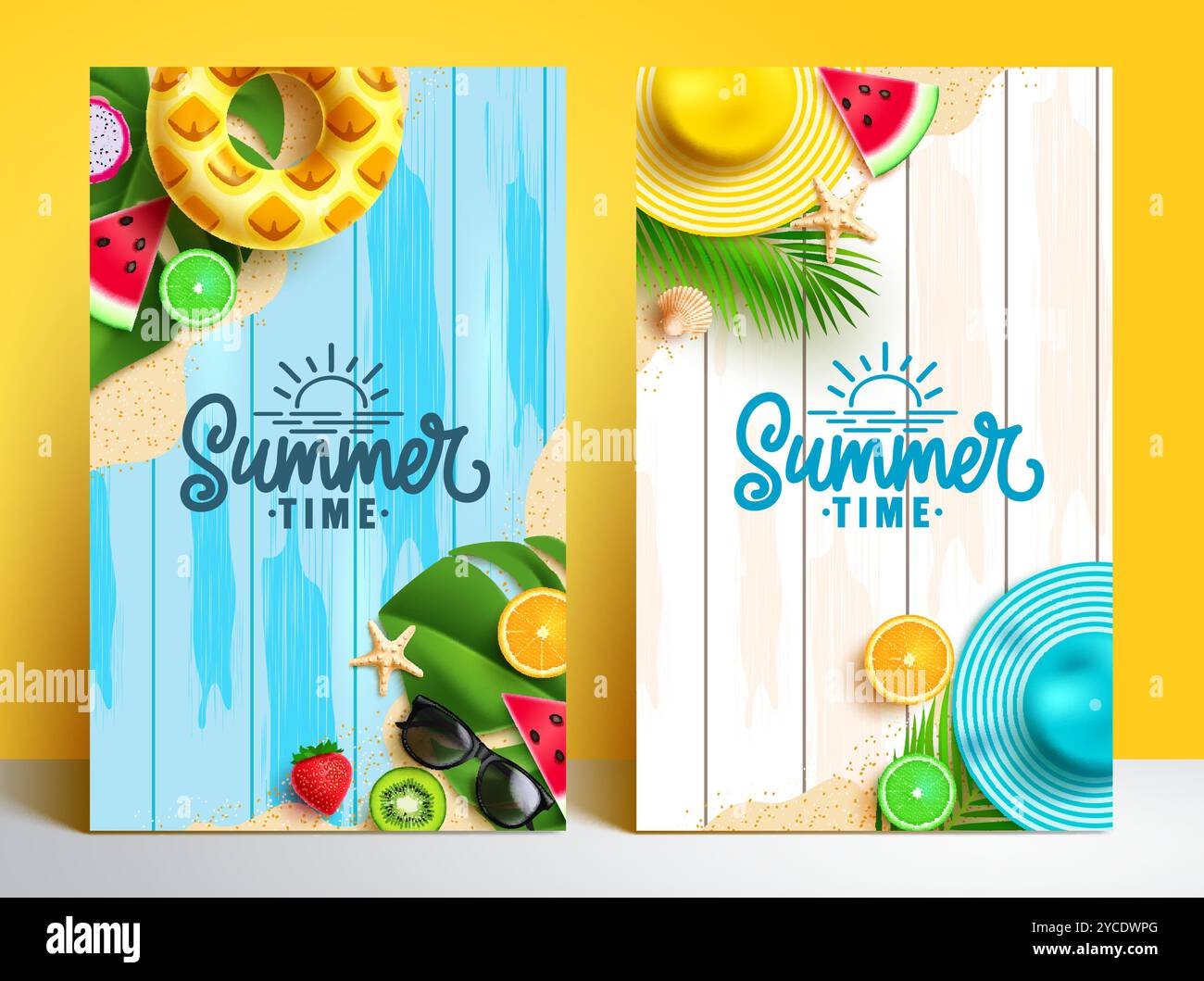 Summer time vector poster set design. Summer time text in wood texture ...