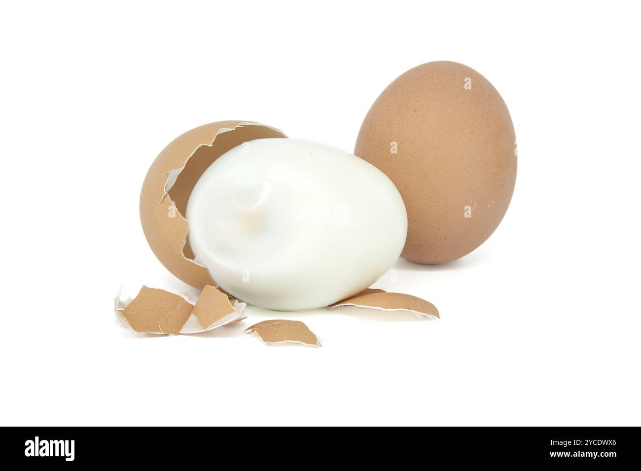 Egg in the process of being peeled, around it lay scattered pieces of ...