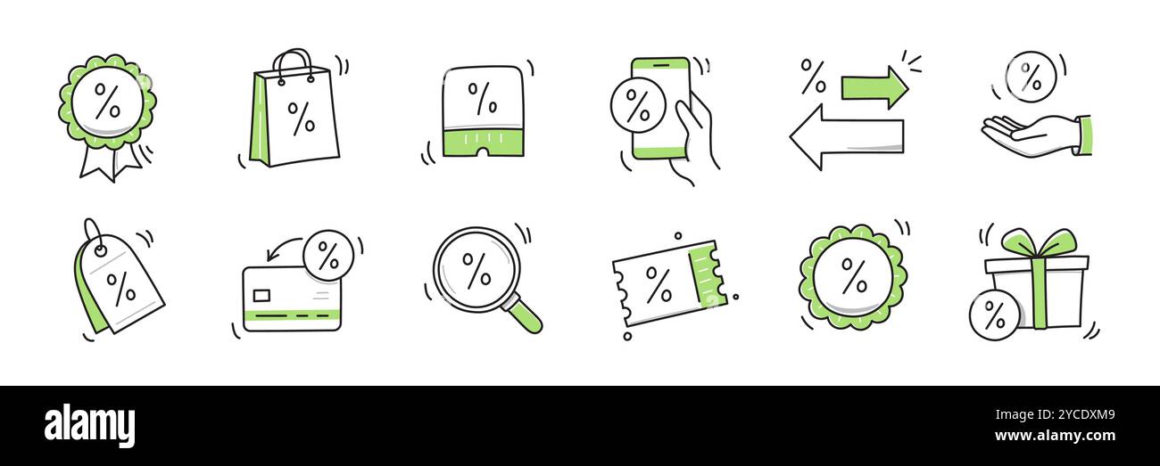Doodle discount sale icon set. Discount percent, shop sale coupon hand ...