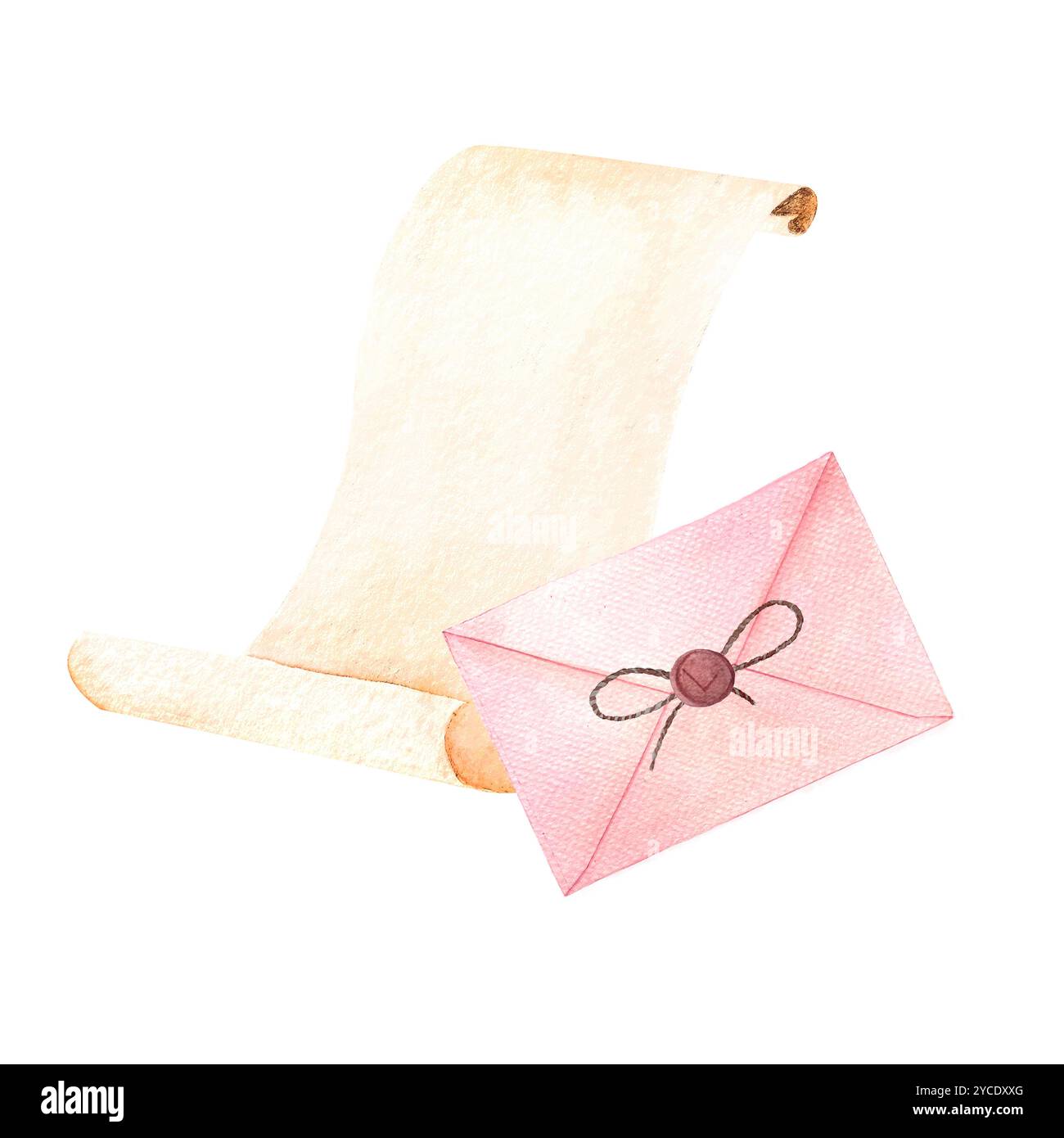 Pink envelope, sealing wax, parchment scroll watercolor composition ...