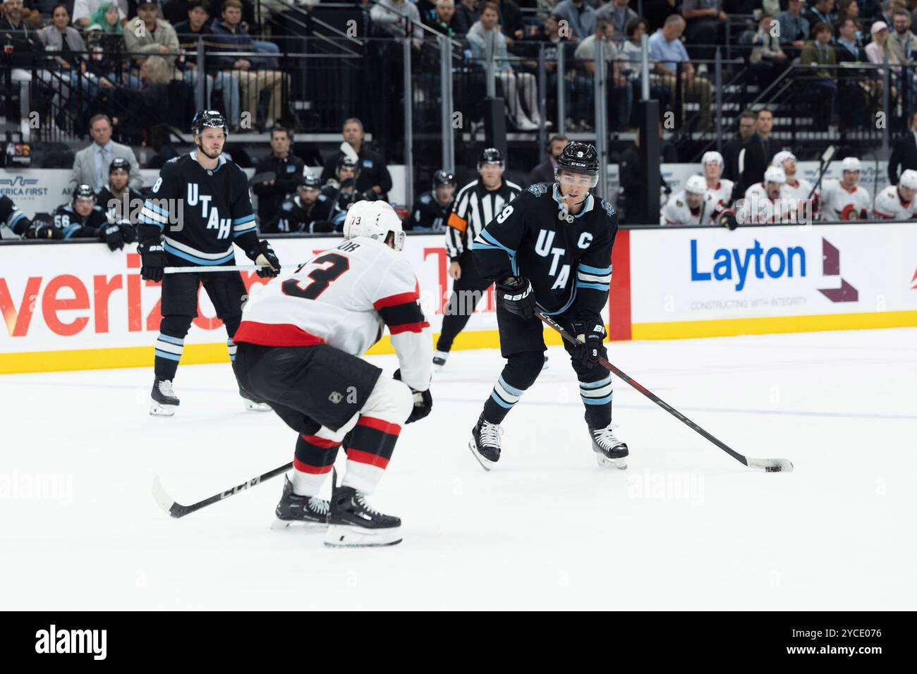 Utah Hockey Club forward Clayton Keller (9) moves the puck against ...