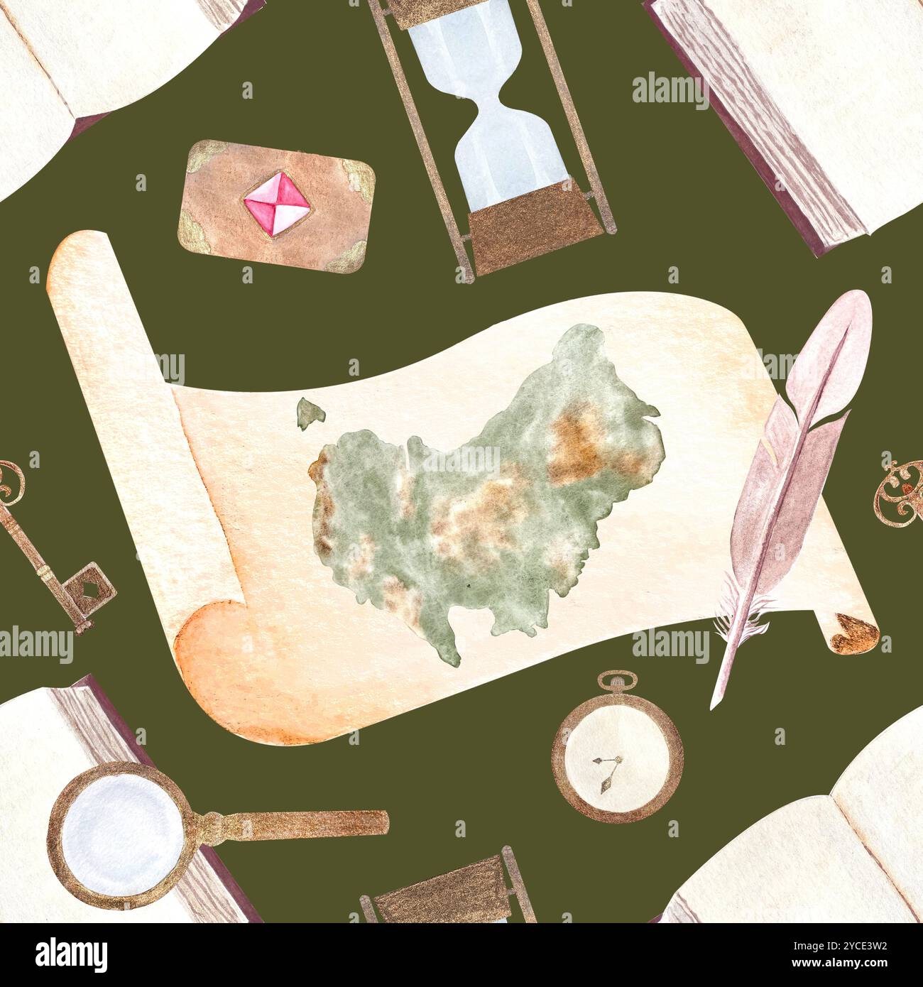 A parchment, with Australia map, pocket watch, magnifying glass, quill ...
