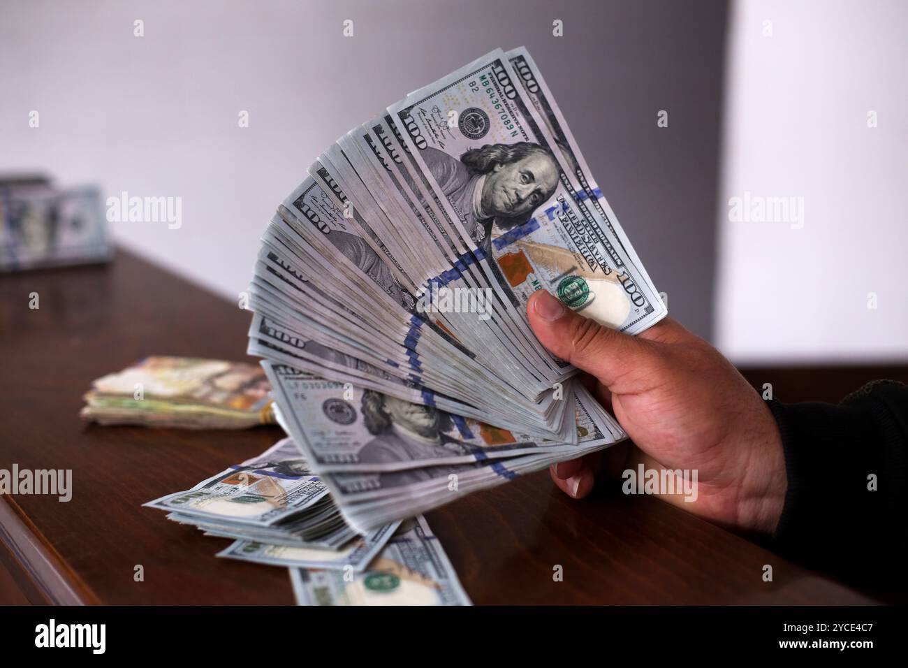 Gaza, Palestine. Different denominations of the US Dollar banknotes ...