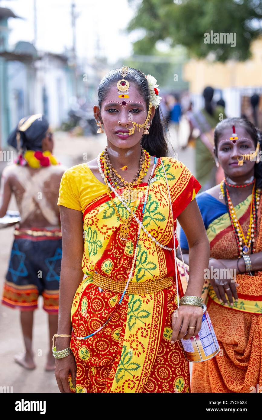 Kulasai Dasara, Portrait of indian hindu devotee with painted face and ...