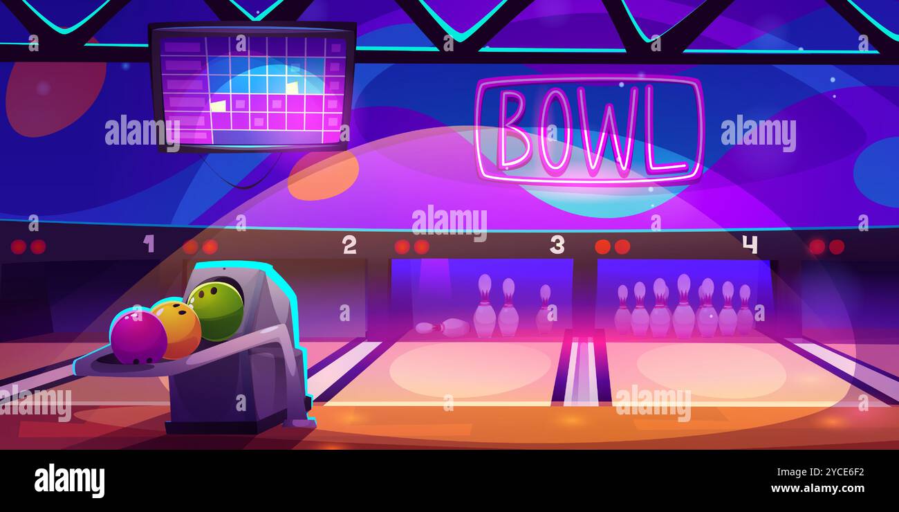 Bowling club interior design. Vector cartoon illustration of sports ...