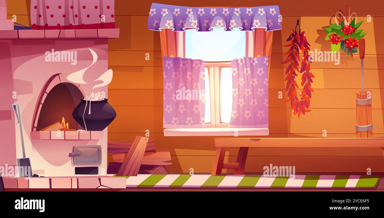 Old Russian kitchen interior with furniture. Vector cartoon ...