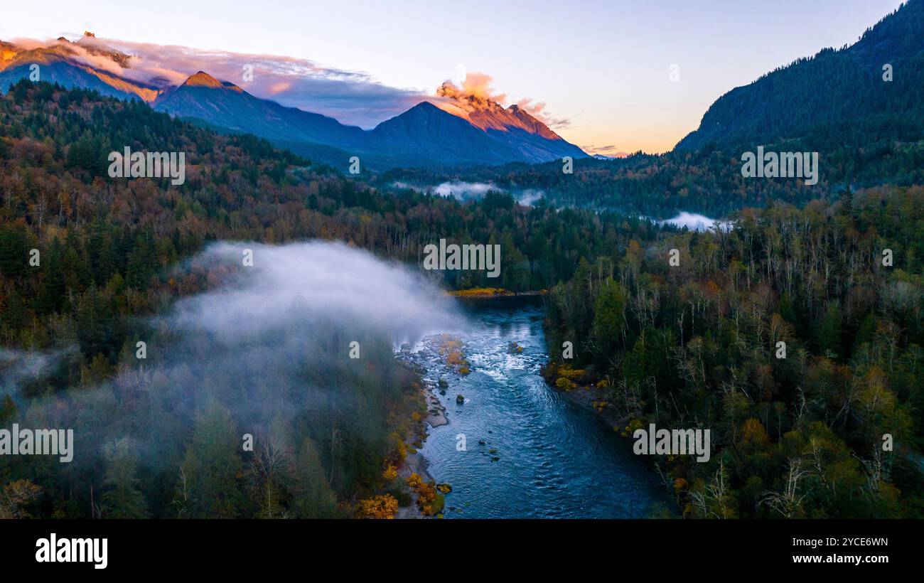 Aerial view of fog over the Skyhomish River in the Washington Cascades ...