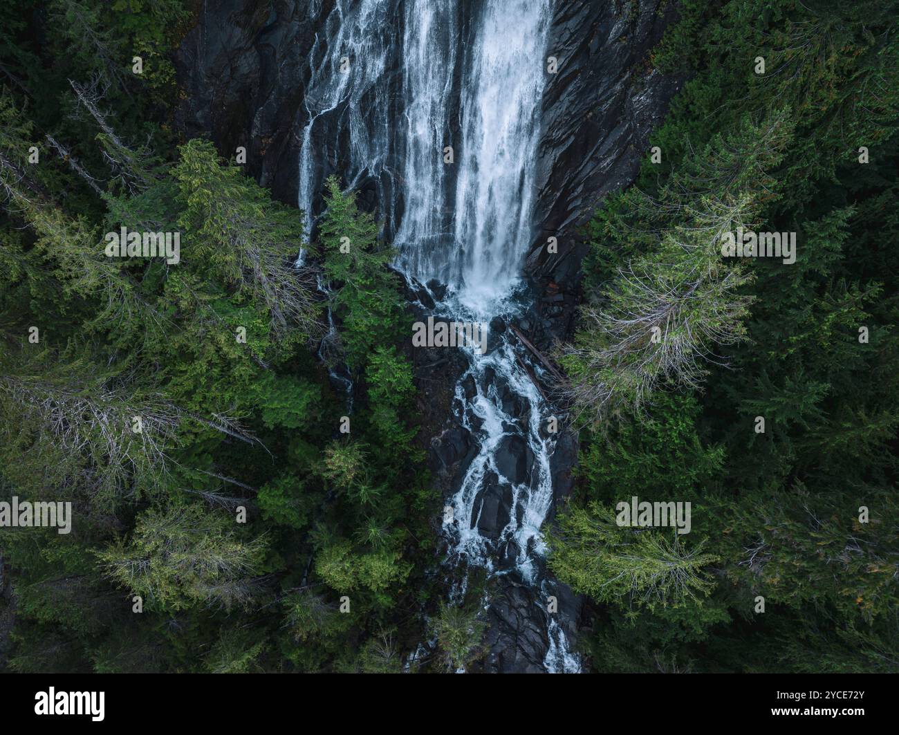 Aerial view over Bridal Veil Falls in the Mount Baker-Snoqualmie ...