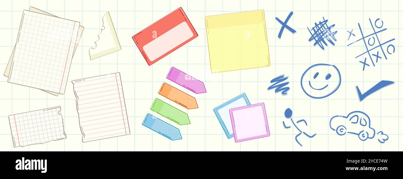 School memo papers and doodle drawings on notebook page background ...