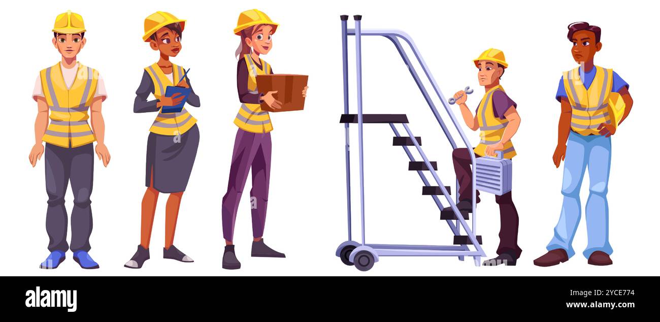 Construction team wearing yellow safety vests and helmets. Cartoon ...