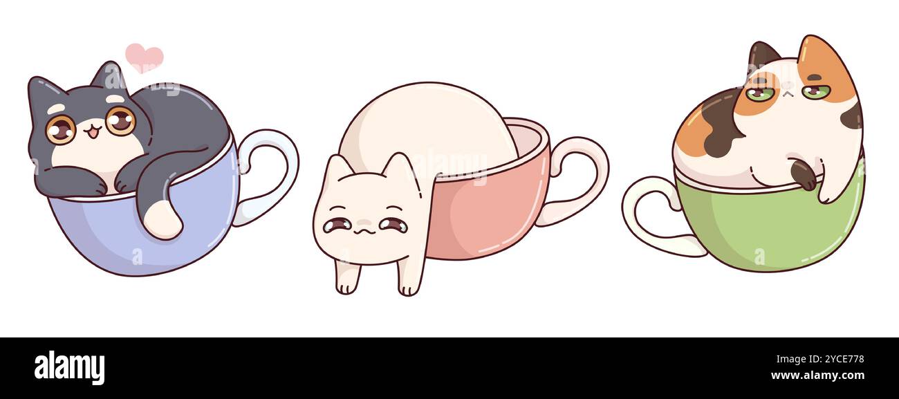 Kawaii cats in cups set isolated on white background. Contemporary ...