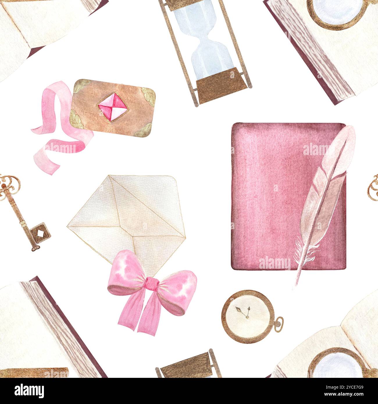 Book, quill, envelop, vintage key, pocket watch, hourglass watercolor ...