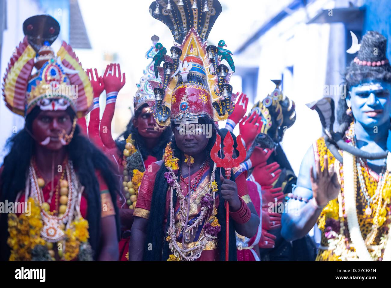 Kulasai Dasara, Portrait of indian hindu devotee with painted face and ...